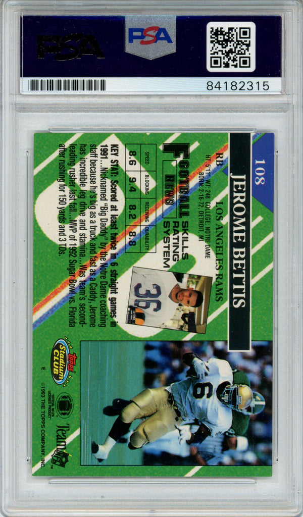 Jerome Bettis Autographed 1993 Stadium Club 108 Trading Card Psa Slab