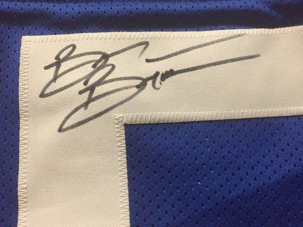 Framed Autographed/Signed Brian Bosworth 35x39 Seattle Blue Jersey JSA – Super Sports Center