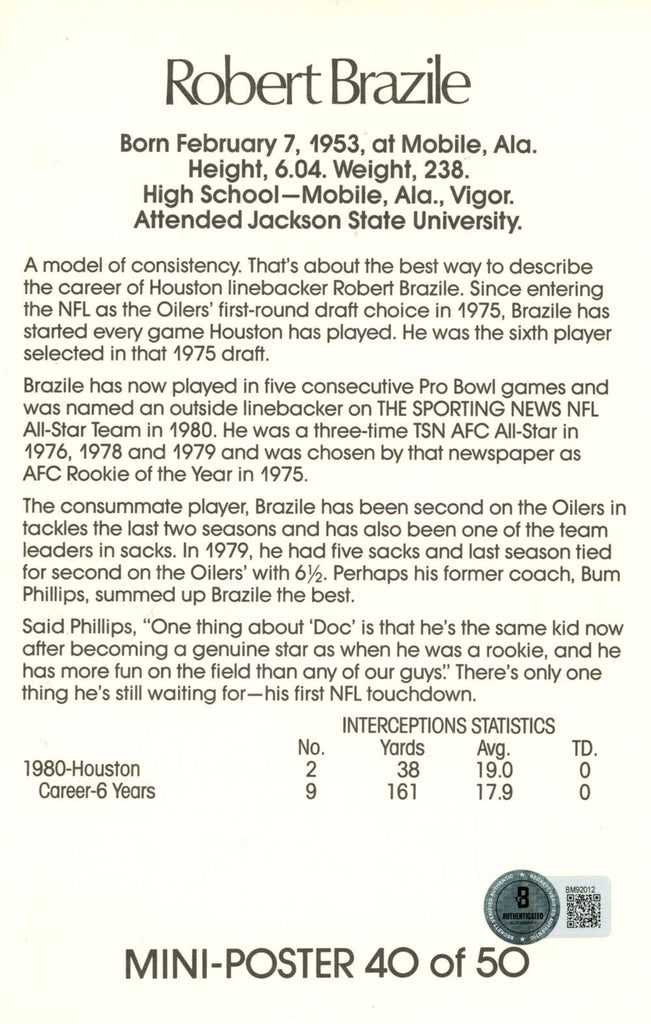 Robert Brazile Autographed Houston Oilers Mini Poster 40/50 Beckett 46 ...