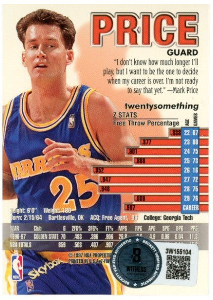 Mark Price Autographed/Signed 97-98 Skybox Z-Force #48 Card Beckett 52 ...