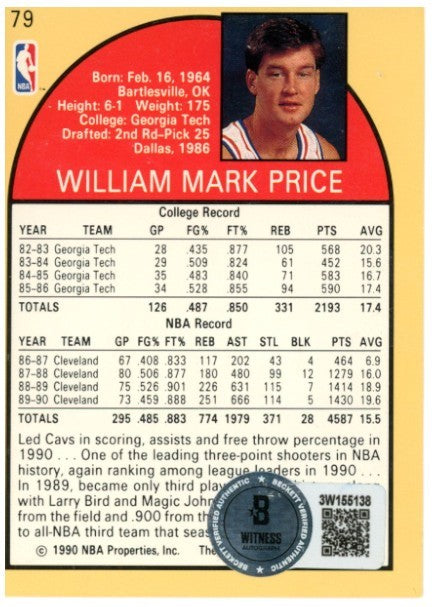 Mark Price Autographed/Signed 1990 Hoops #79 Trading Card Beckett Witn ...