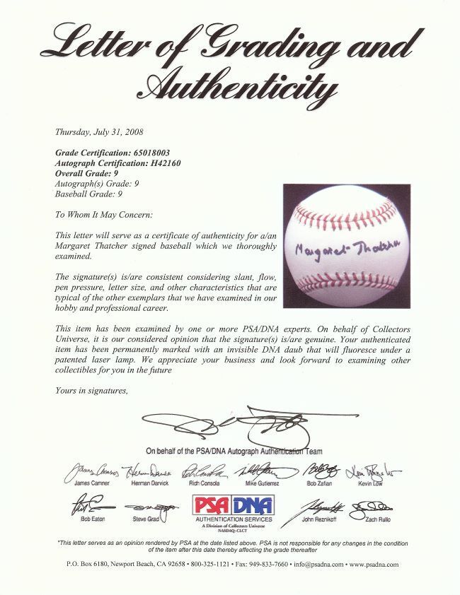 Margaret Thatcher Signed Official MLB Baseball PSA Grade 9 – Super ...
