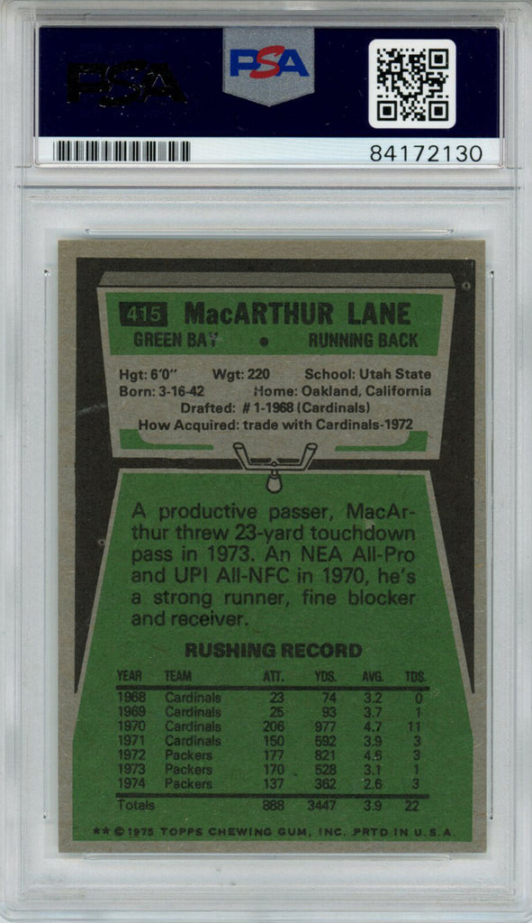 MacArthur Lane Autographed 1975 Topps #415 Trading Card PSA Slab 43617 ...