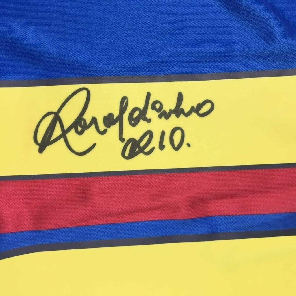 FRAMED Autographed/Signed RONALDINHO 33x42 FC Barcelona Blue Soccer Je ...