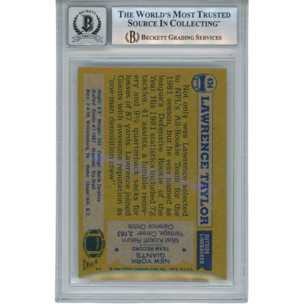 Lawrence Taylor Autographed 1982 Topps #434 Trading Card Slab Beckett ...