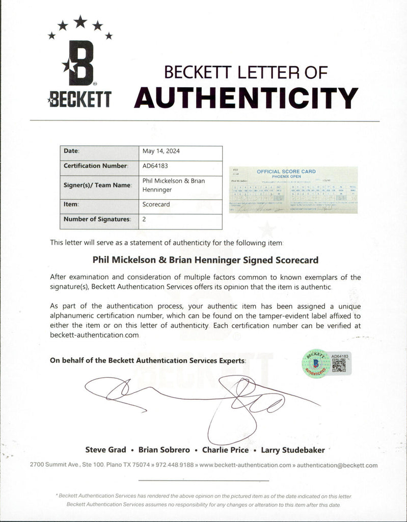 Phil Mickelson & Brian Henninger Signed 1995 Phoenix Open Scorecard BA ...