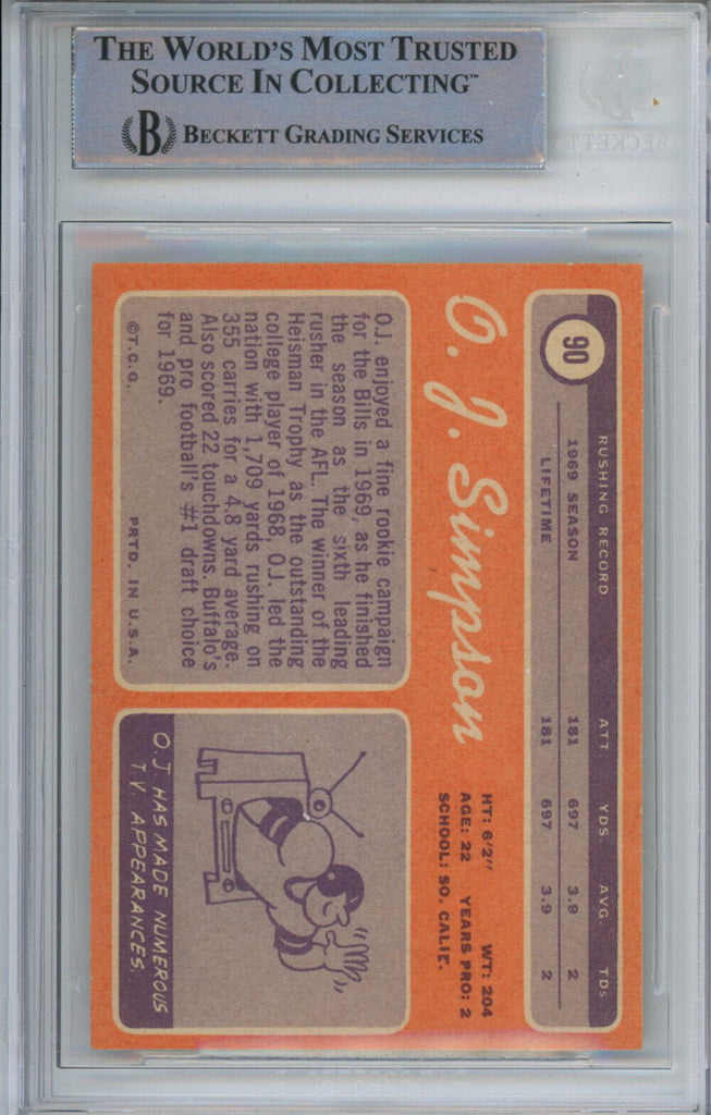 O.J. Simpson Autographed 1970 Topps #90 Rookie Card Beckett Slab 36670 ...
