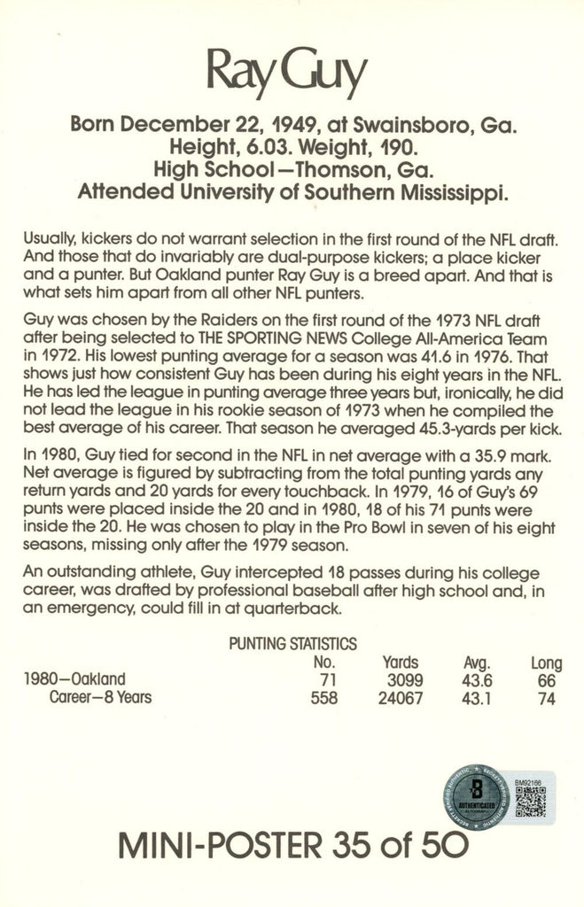 Ray Guy Autographed Oakland Raiders Mini Poster 35/50 HOF Beckett 4608 ...