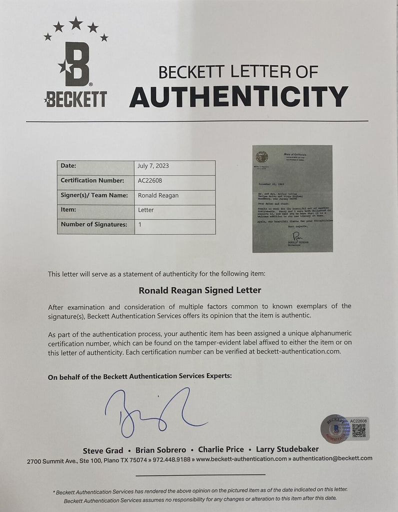 President Ronald Reagan Signed Letter BAS AC22608 – Super Sports Center