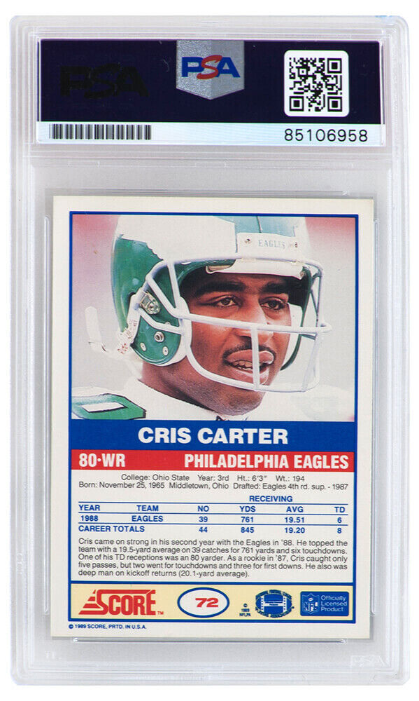 Cris Carter Signed 1989 Score Football Rookie Card #72 w/TDs INS - (PS ...