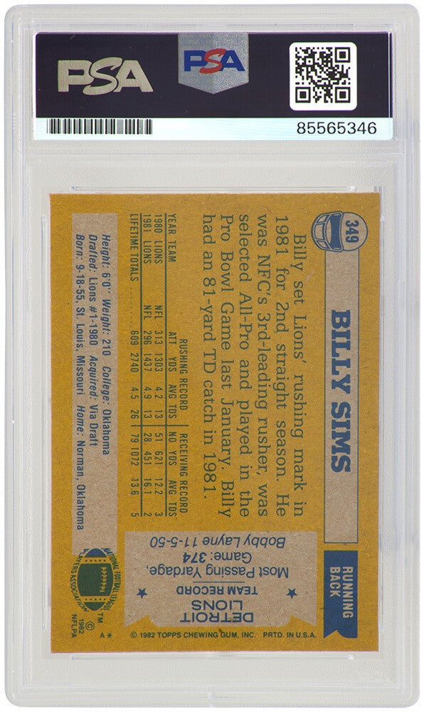Billy Sims Signed Lions 1982 Topps All Pro Football Trading Card #349 ...