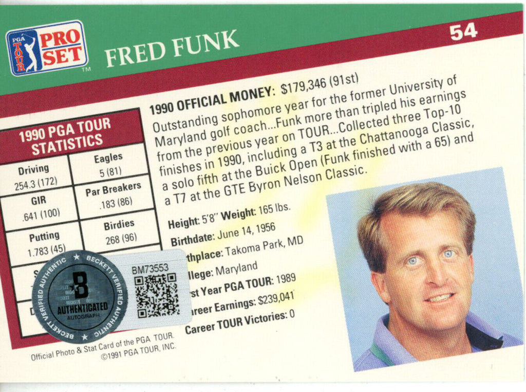 Fred funk Autographed 1991 Pro Set #54 Trading Card Beckett 44853 ...