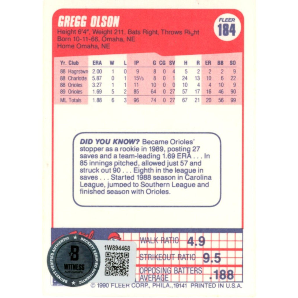 Gregg Olson Autographed 1990 Fleer 184 Trading Card Beckett 47533 ...