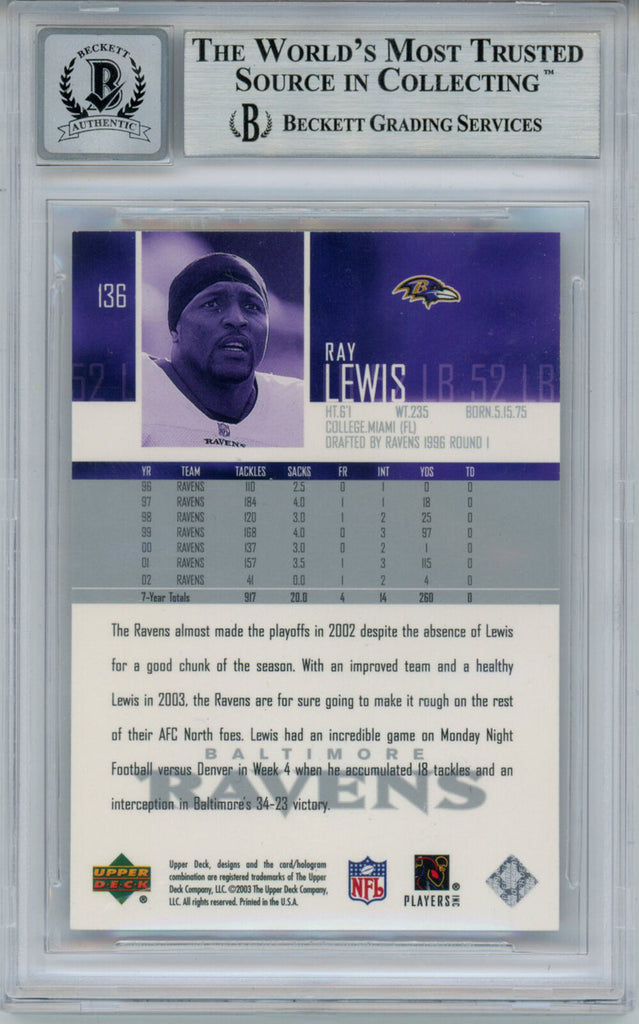 Ray Lewis Autographed 2003 Upper Deck #136 Trading Card Beckett 10 Sla ...