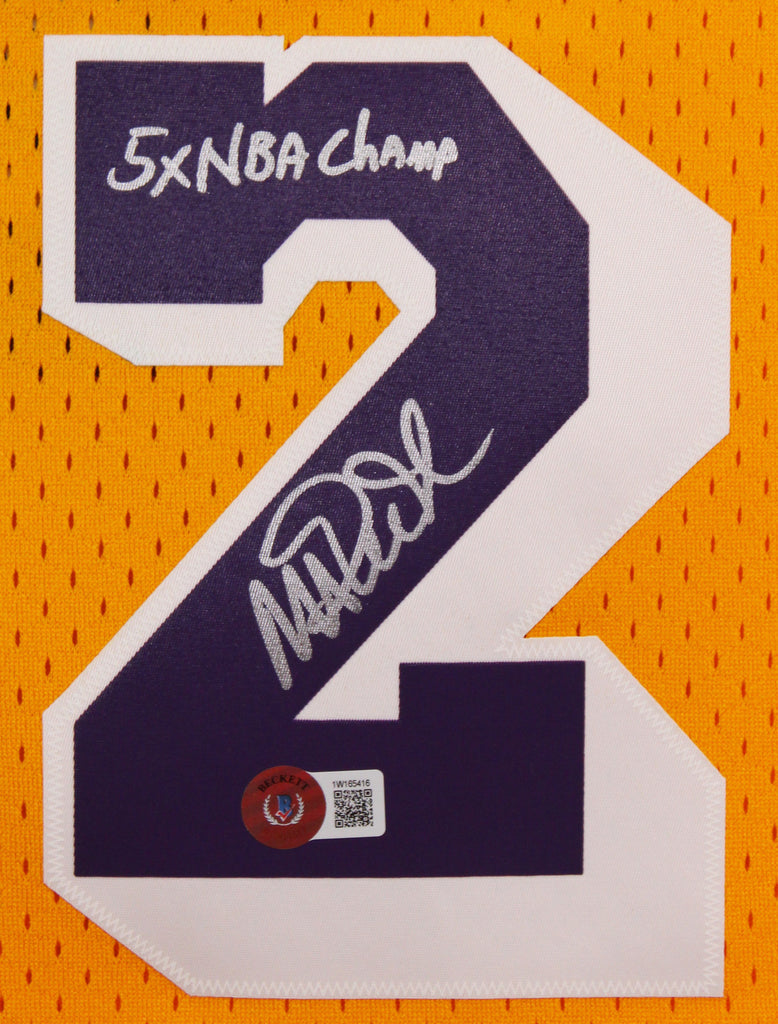 Lakers Magic Johnson "5x NBA Champ" Signed Yellow M&N HWC Swingman Jer ...