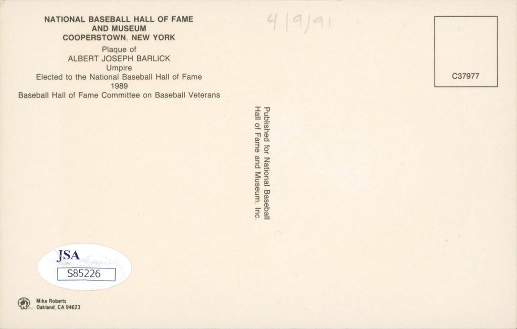 Al Barlick Authentic Signed 3.5x5.5 HOF Plaque Postcard JSA #S85226 ...