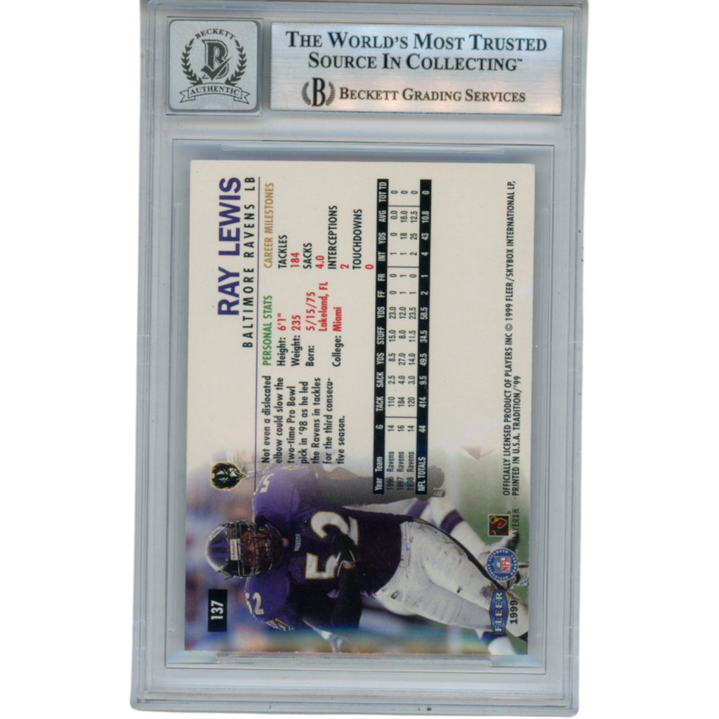 Ray Lewis Autographed 1999 Fleer Tradition #137 Trading Card Beckett 5 ...