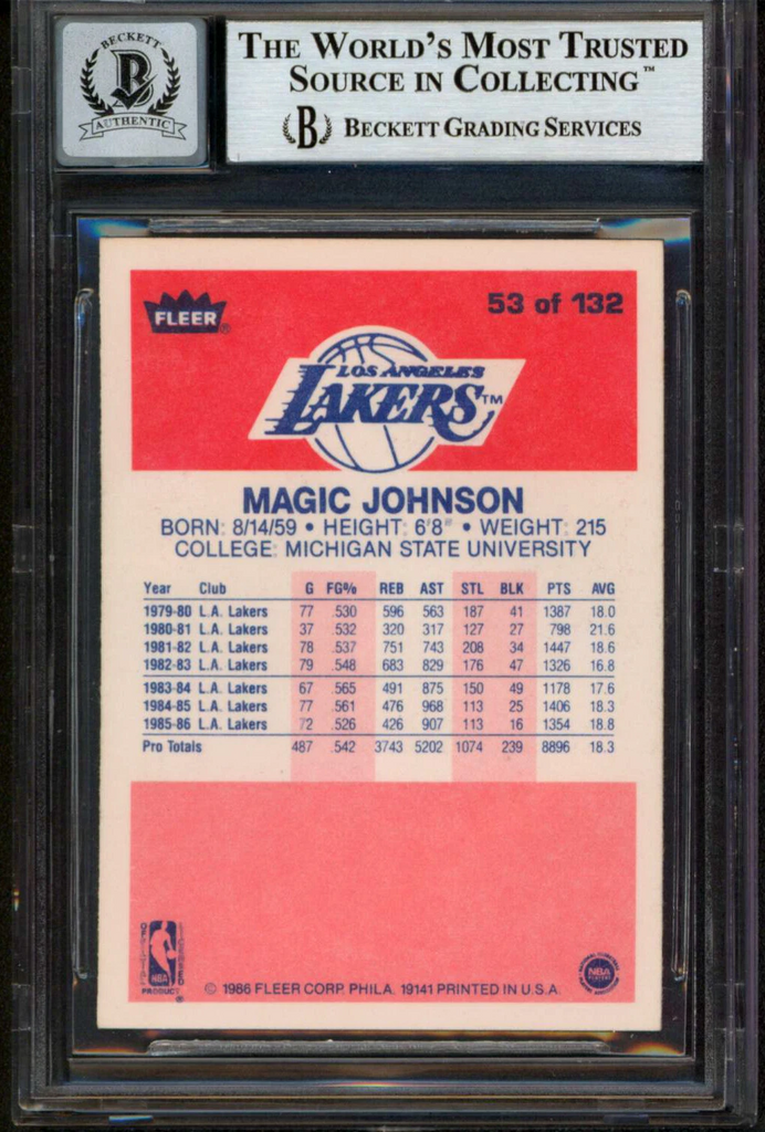 Lakers Magic Johnson "HOF 02" Signed 1986 Fleer #53 Card Auto 10! BAS ...