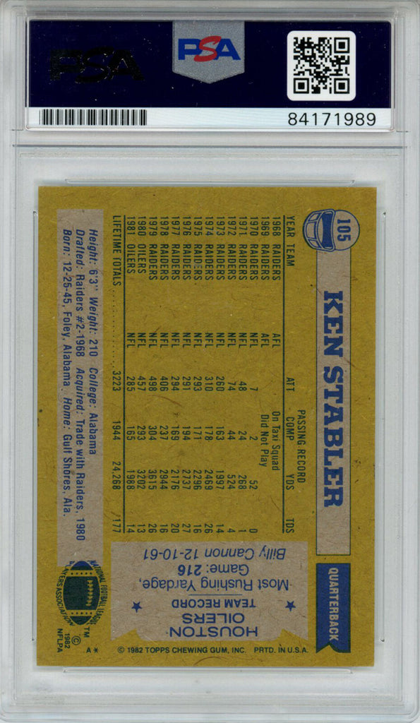 Ken Stabler Autographed 1982 Topps #105 Trading Card PSA Slab 43612 ...