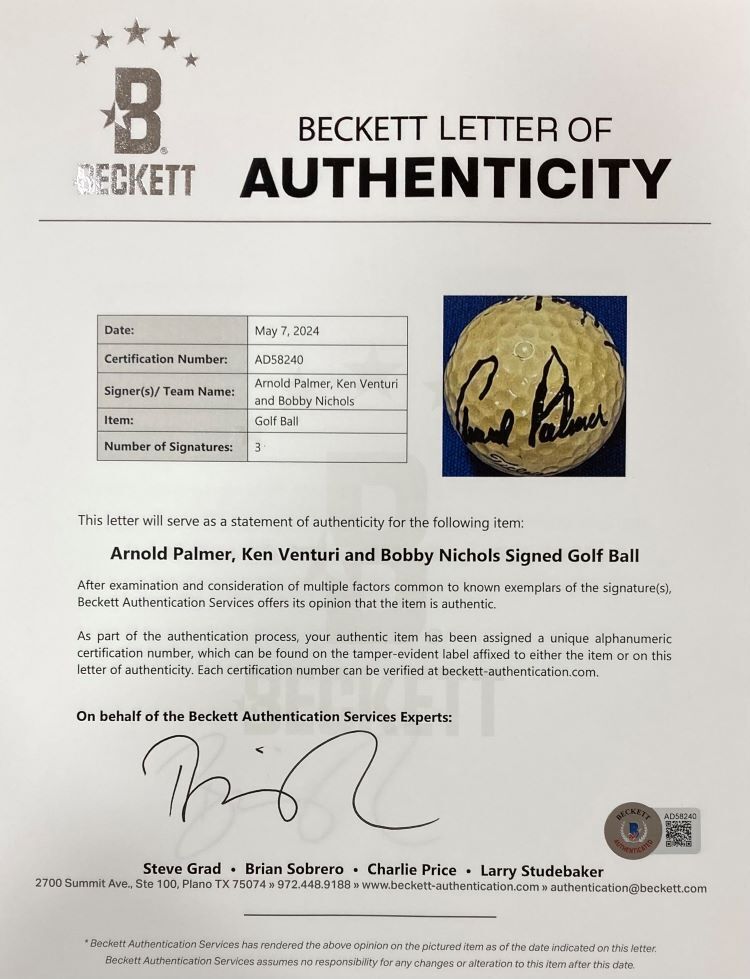 Arnold Palmer Ken Venturi Bobby Nichols Signed Titleist 3 Golf Ball BA ...
