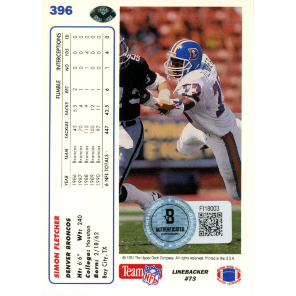 Simon Fletcher Autographed 1991 Upper Deck #396 Trading Card Beckett 5 ...
