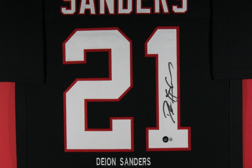 DEION SANDERS (Falcons blk stat TOWER) Signed Autographed Framed Jerse ...