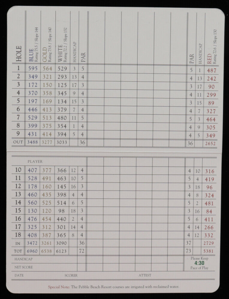 Jim McMahon Signed 2017 Spyglass Hill Pebble Beach Golf Scorecard (JSA ...