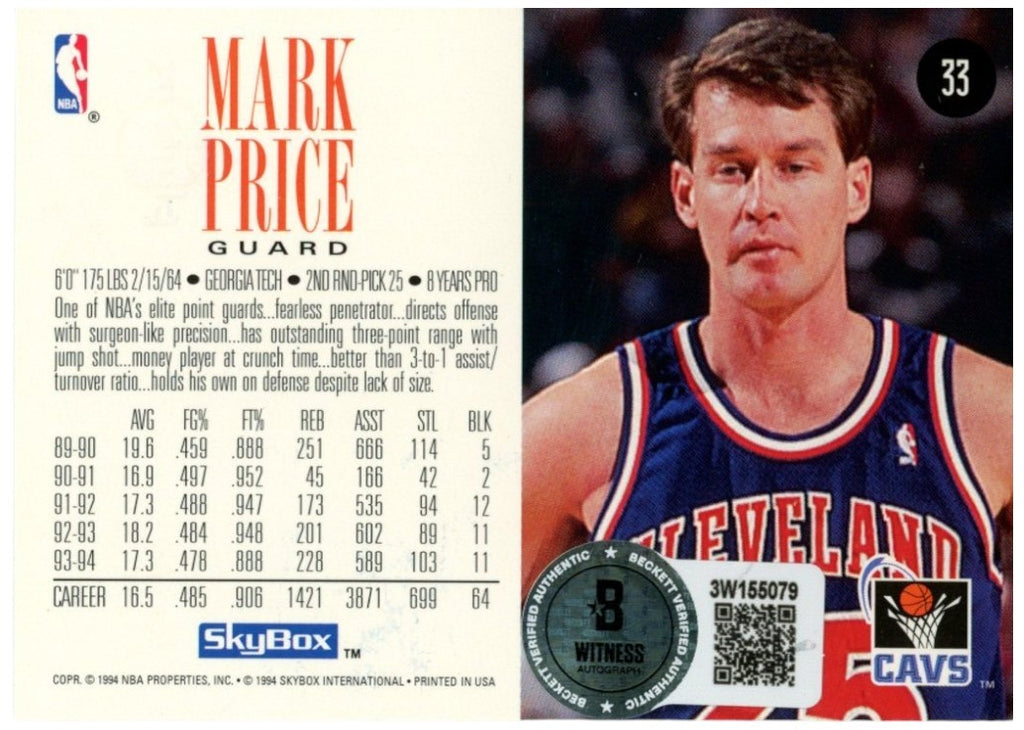 Mark Price Autographed/Signed 1994-1995 Skybox #33 Trading Card Becket ...
