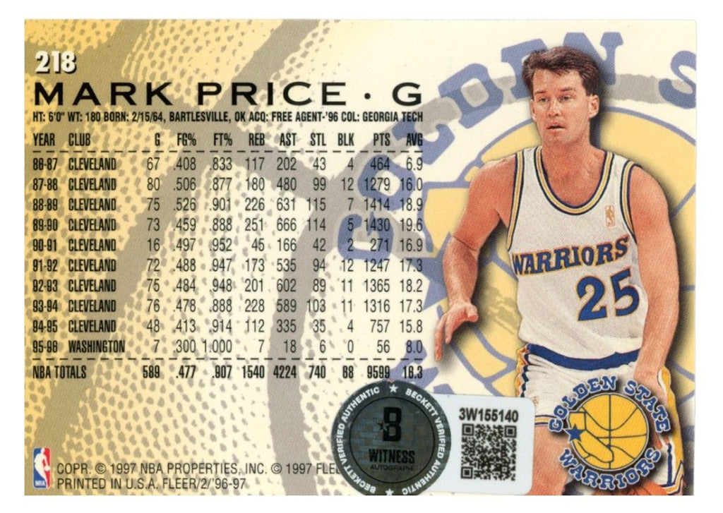 Mark Price Autographed/Signed 1996 Fleer #218 Trading Card Beckett Wit ...