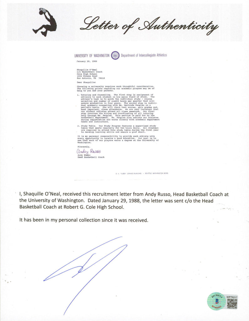 1988 University of Washington Shaquille O'Neal Recruitment Letter ...