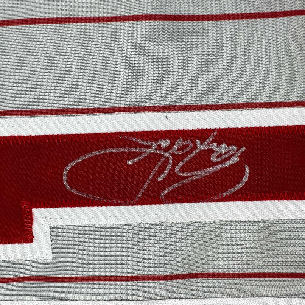 Autographed/Signed Barry Larkin Cincinnati Grey Pinstripe Baseball Jer ...