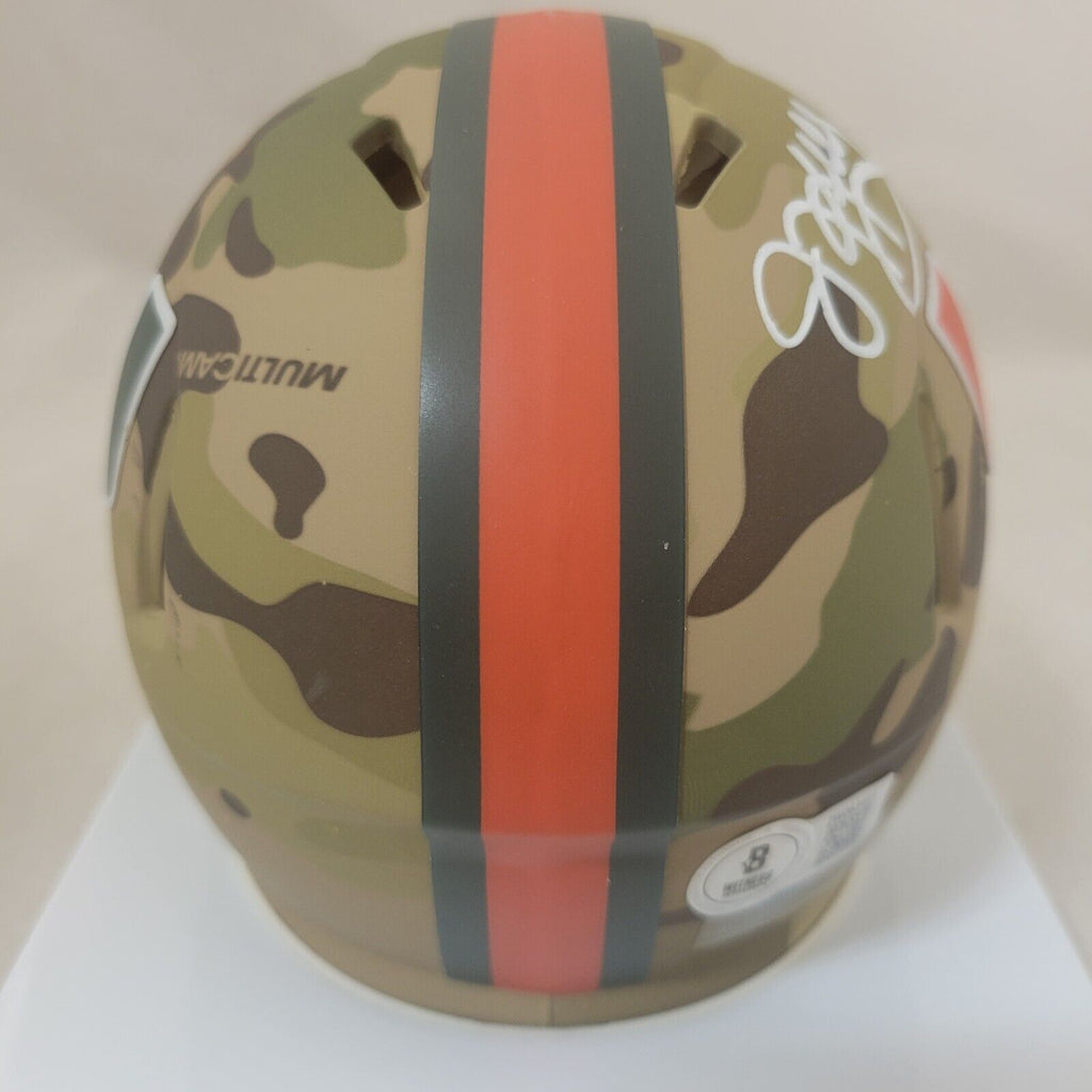 JIM KELLY SIGNED MIAMI HURRICANES CAMO SPEED MINI HELMET BECKETT QR ...