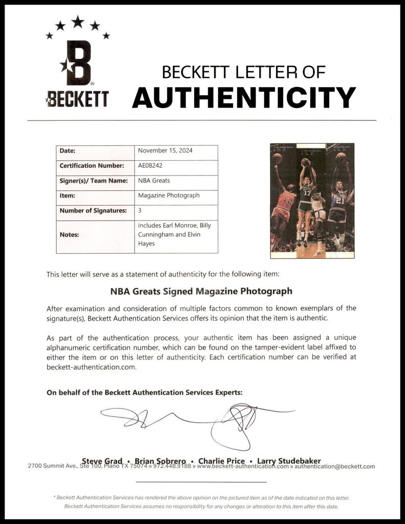 Billy Cunningham, Monroe & Hayes Autographed Magazine Page Photo Becke ...