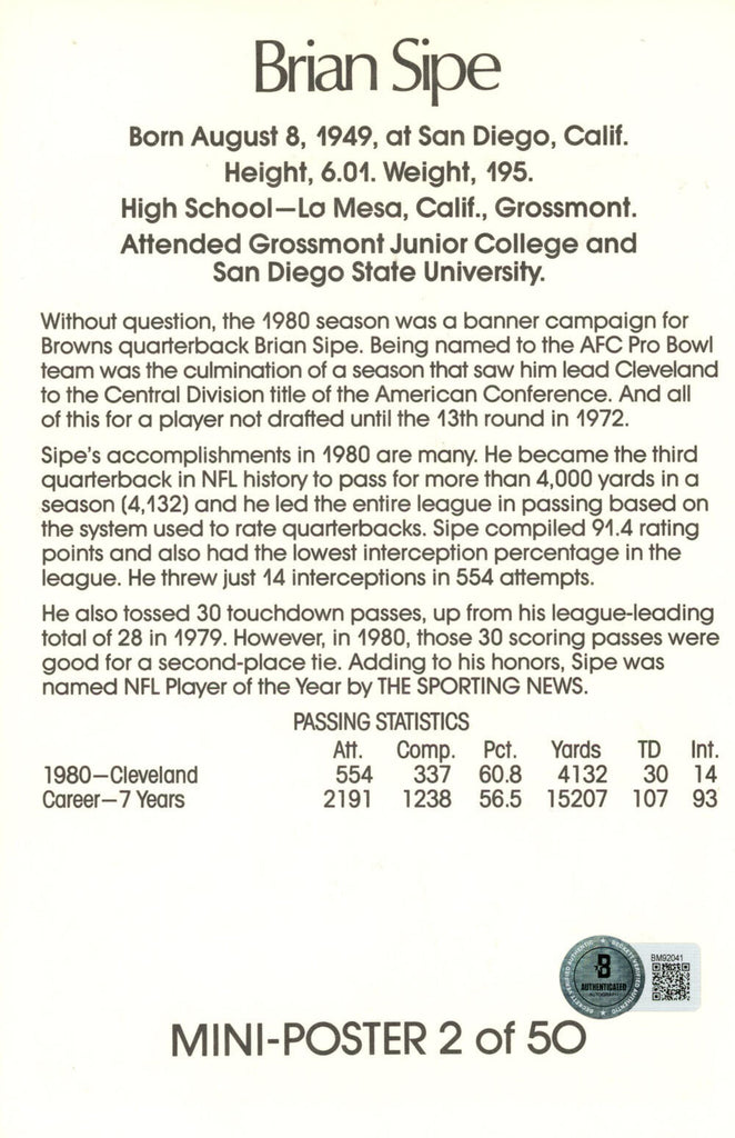 Brian Sipe Autographed Cleveland Browns Mini Poster 2/50 BAS 46146 ...