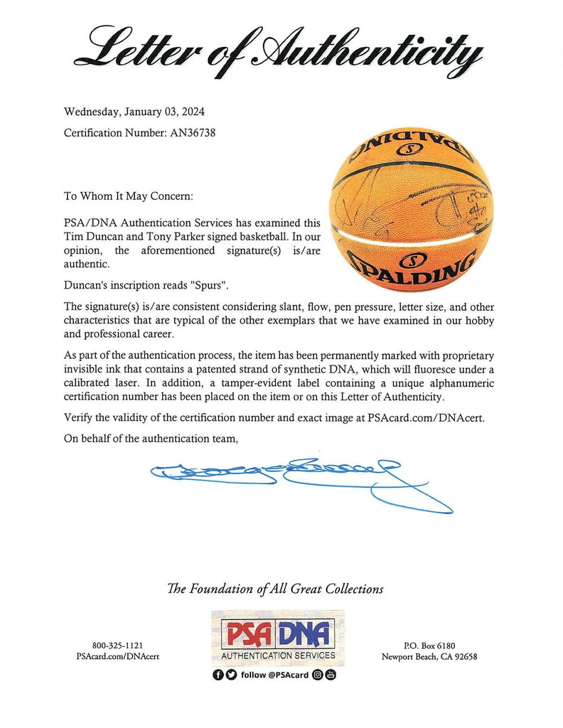 Tim Duncan Tony Parker signed Basketball PSA/DNA Spurs autographed ...