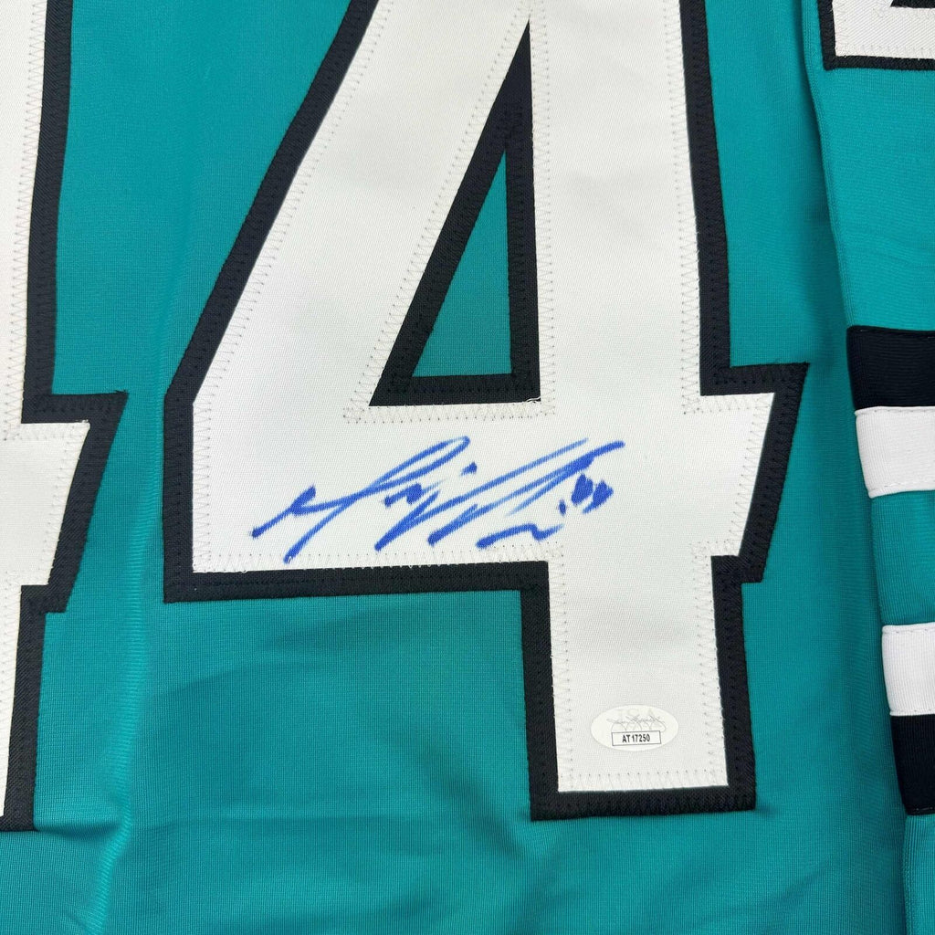 Framed Autographed/Signed Marc-Edouard Vlasic 35x39 San Jose Teal Jers ...