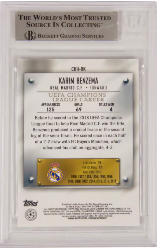 Karim Benzema Signed 2020-21 Topps Stadium Club Chrome Honours - BGS A ...
