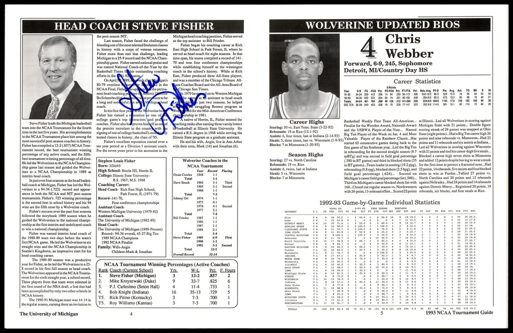 1993 Michigan Fab 5 Autographed NCAA Program 10 Sigs Beckett AC95534 ...