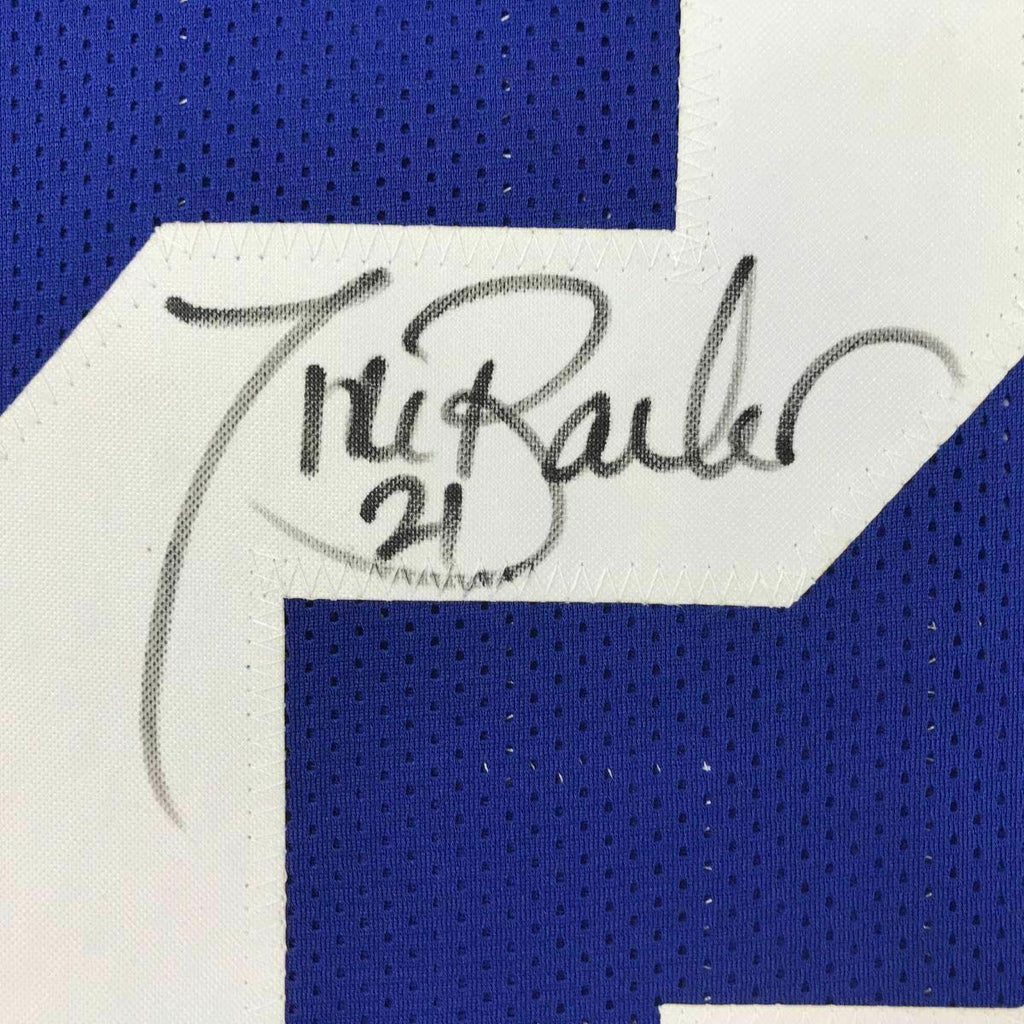 FRAMED Autographed/Signed TIKI BARBER 33x42 New York Blue Jersey JSA C ...