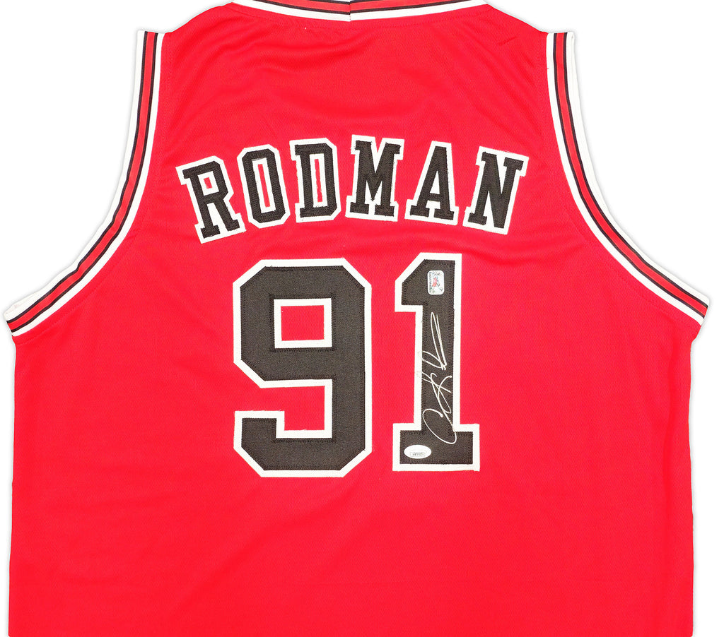 CHICAGO BULLS DENNIS RODMAN AUTOGRAPHED SIGNED RED JERSEY JSA STOCK #2 ...